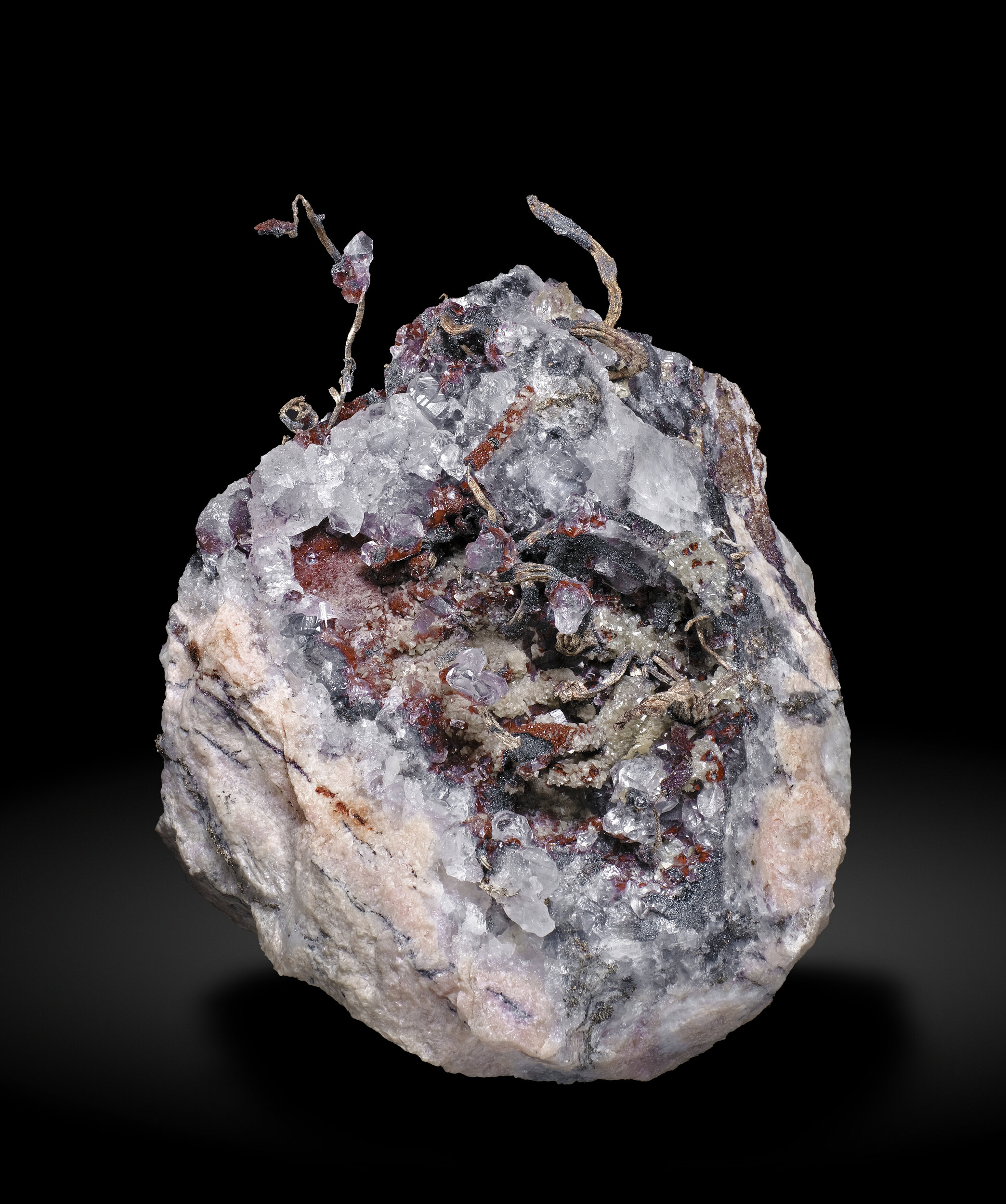 Silver with Rhodochrosite and Acanthite, Quartz, Calcite - Uchucchacua ...